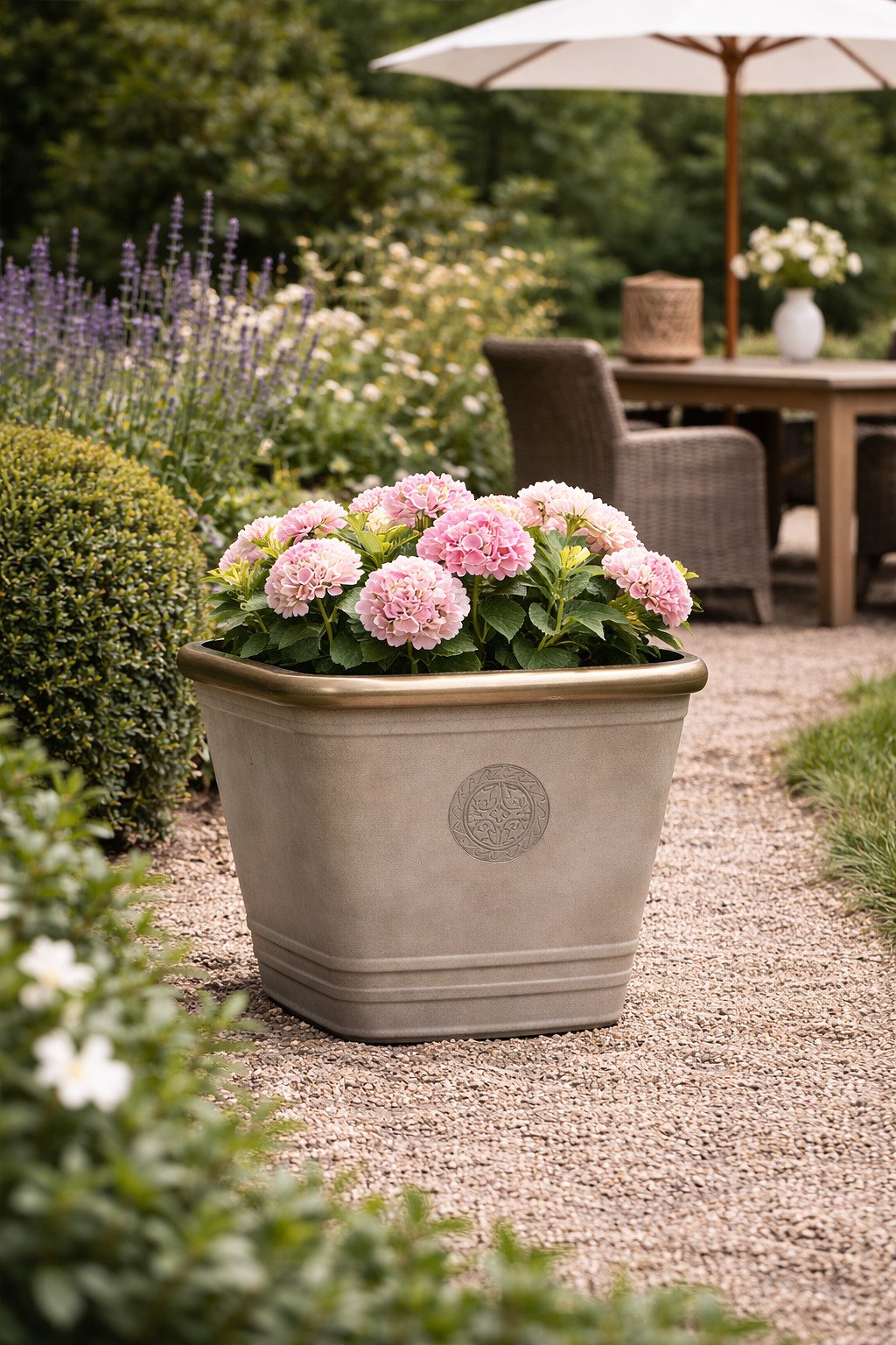 Trident Square Planter with Metallic Brass Rim - Fossil Terra 33cm
